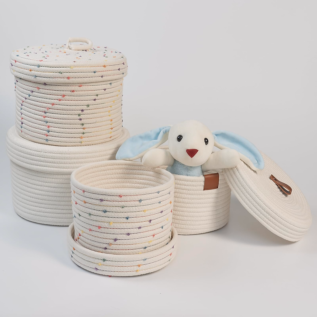 Lvfaismeg Round Basket with Lid-Set of 2 Rope Basket with lid,Natural Cotton Decorative Basket-Storage Baskets with Lids,Big Basket with Lid and Small Basket for Organizing(10"x6"/8"x5").