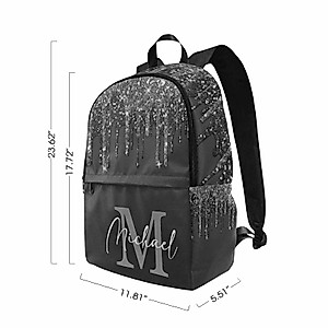 Custom Name Backpack Bag for Boys Girls Son, Personalized Black Glitter Sparkle Drip with Initial Schoolbag Casual Backpack Customized Bookbag for Kids Unisex Back School Camping Hiking Travel