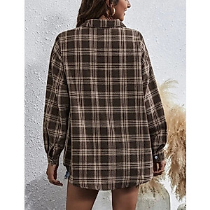 HangNiFang Flannel Shirts for Women Oversized Coffee Plaid Shirts Blouse Tops(0368-Coffee-M)