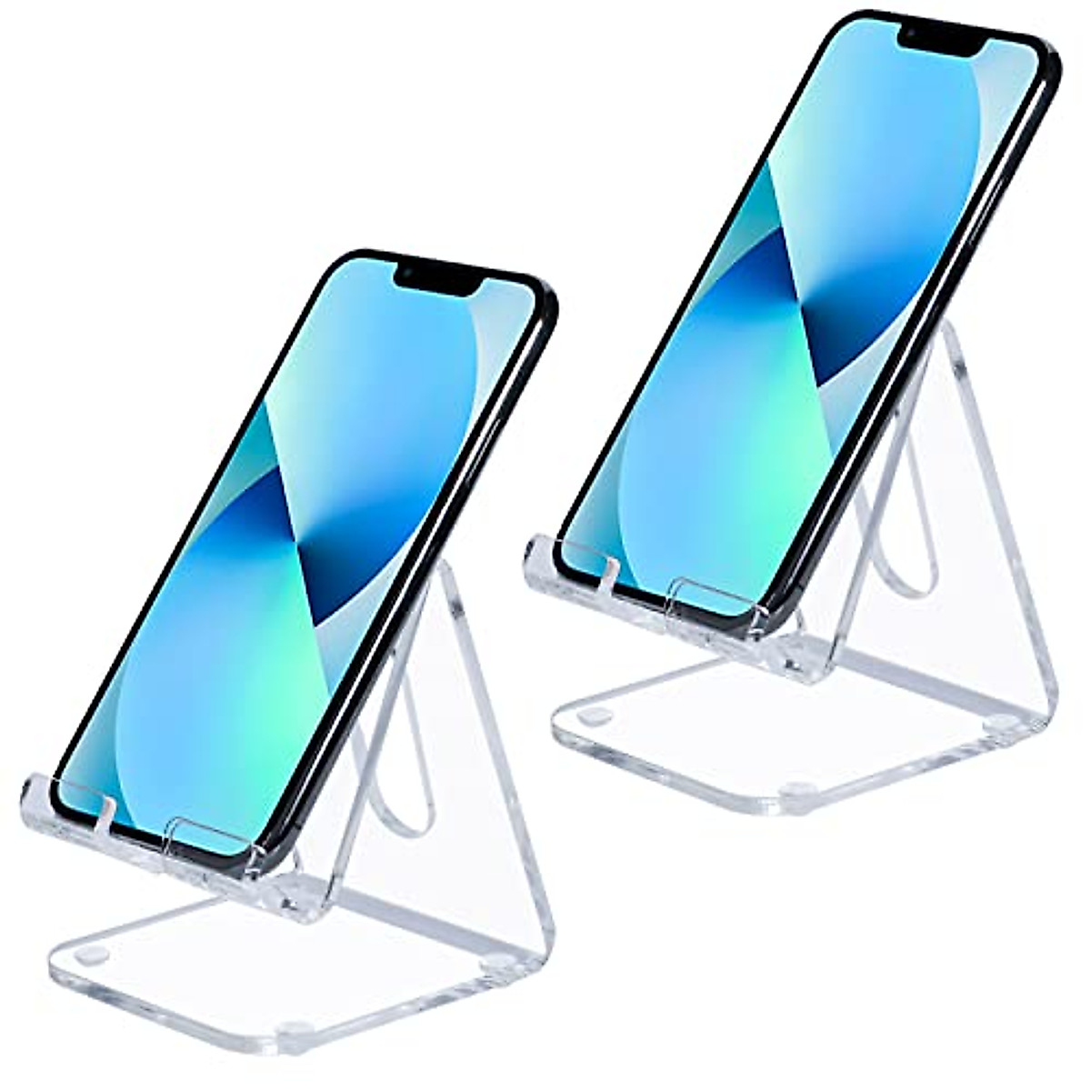 Kamehame 2 Pack Phone Holder for Desk, Clear Acrylic Cell Phone Stand, Compatible with Phone 13 Pro Max 11 12 XR 7 8 Plus SE, Android Smartphone, Pad, Desk Accessories for Home Office