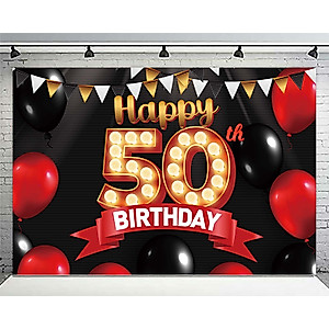 Happy 50th Birthday Black Banner Decorations Gold Backdrop Red and Black Balloons Theme Decor for Girls Women Princess 50 Years Old Birthday Party Supplies Photo Booth Props Background Favors Glitter