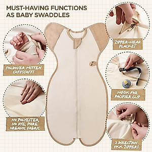 CCOCCOZAM Swaddle, Organic, Ivory, Medium, 13-19lbs, Transition Baby Sleep Sack, Dramatically Better Sleep