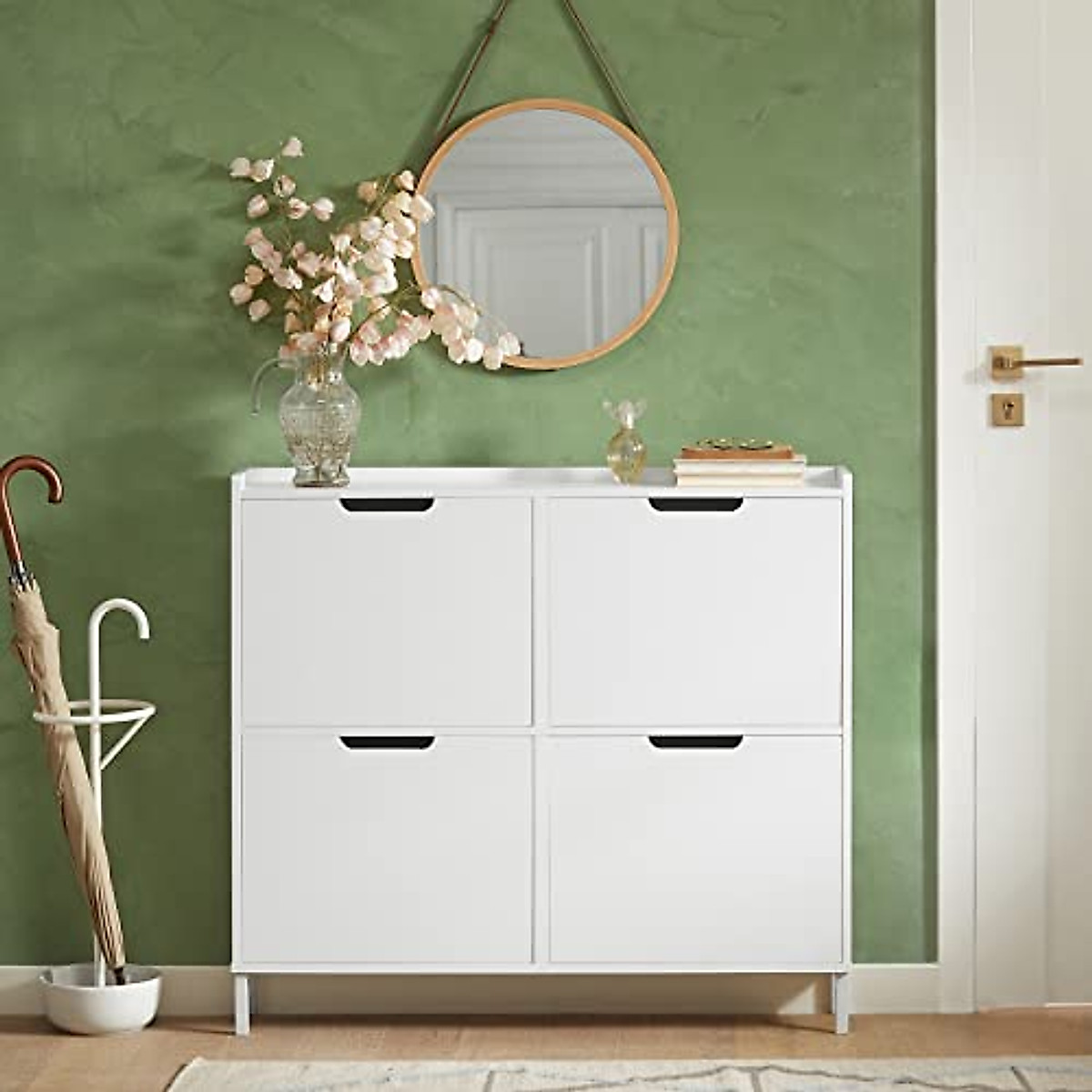 Haotian FSR100-W, White Shoe Cabinet with 4 Flip-Drawers, Freestanding Shoe Rack, Slim Shoe Organiazer