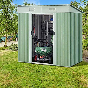 Goplus Garden Storage Shed Galvanized Steel Outdoor Heavy Duty Tool House w/Sliding Door, 4 x 6.2 Ft (Green)