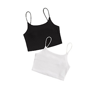 WDIRARA Girl's 2 Pack Basic Rib Knit Crop Cami Top Sleeveless Casual Top Black and White 10Y