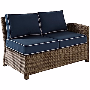 Crosley Furniture Bradenton 5-Piece Outdoor Sectional Sofa Wicker Conversation Patio Furniture Set for Deck, Brown with Navy Cushions