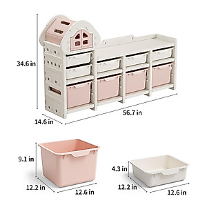 UNICOO Kids Cream House Storage Organizer with 3-Tier Shelves, Storage Rack & Bins for Nursery, Playroom, Study Room (Cream & Pink)
