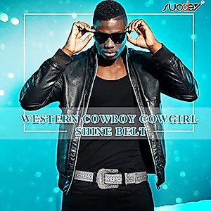 SUOSDEY Men Women Rhinestone Belt Western Cowboy Cowgirl Shine Crystal Diamond Studded Luxury Strap Belts,Silver