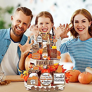 Maitys 21 Pcs Fall Thanksgiving Tiered Tray Decor Set Fall Pumpkin Gnome Truck Wood Sign Rustic Farmhouse Decor Hello Fall Wood Bead Decorative Tabletop Sign for Autumn Thanksgiving Day Table Holiday