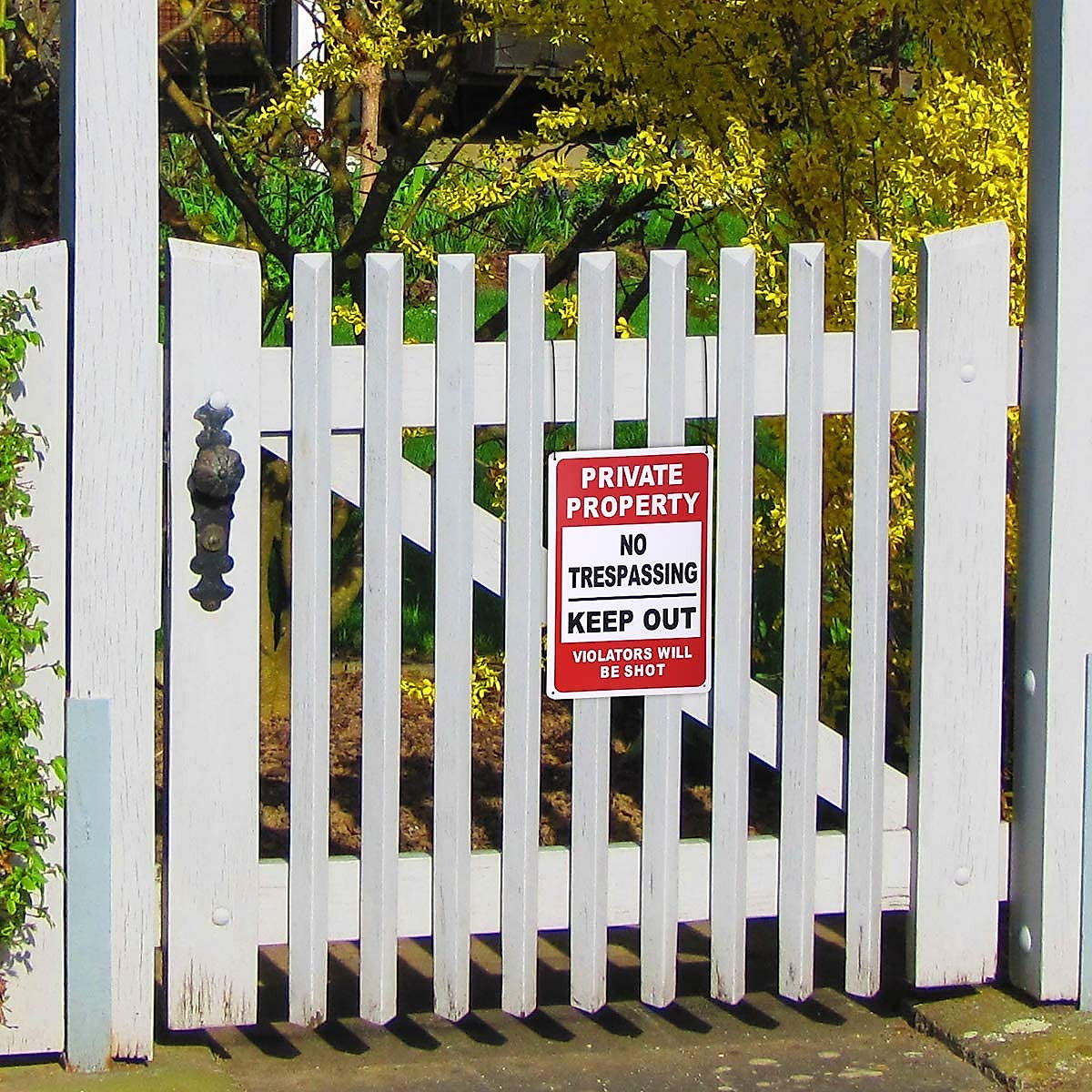 HANTAJANSS Retro Vintage Security Sign - 2 Pack No Trespassing Metal Yard Guard with Pre-Drilled Holes - Durable 12x12-Inch Sign for Home, Farm & Man Cave