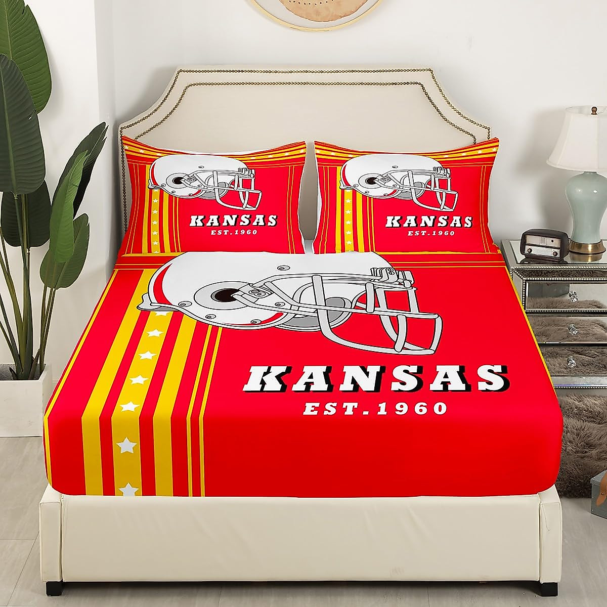 Erosebridal American Football Sheet Set Rugby Decor Sports Game Bed Sheets Set Full, Boys American Football City Sheets Red Yellow White Stars Stripes Top Fitted Sheet 4Pcs (Kansas)