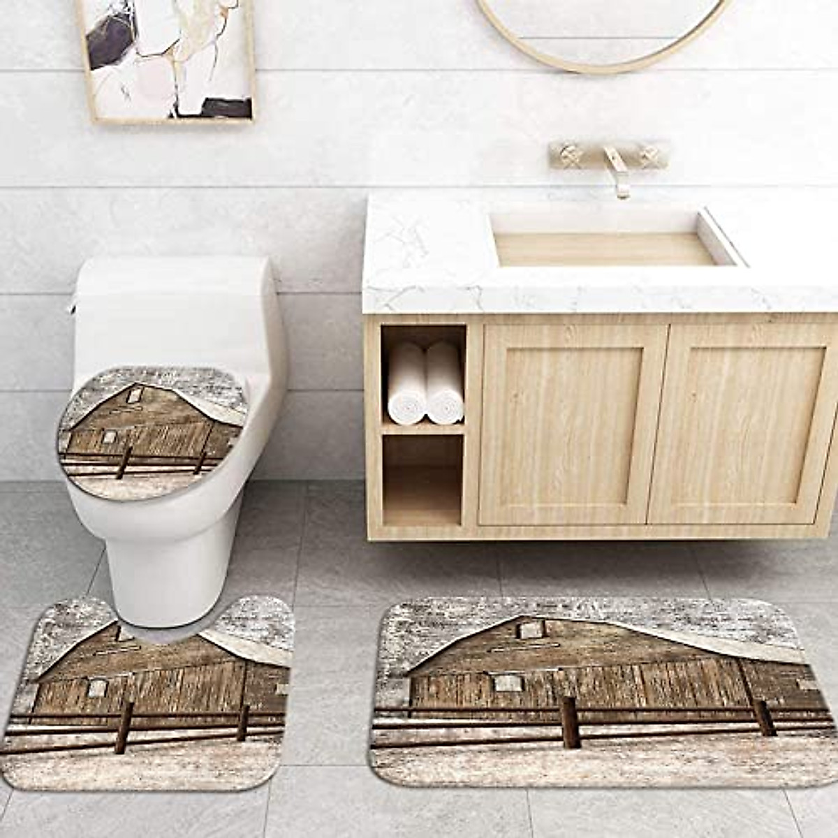 SiMiWOW Rustic Farmhouse Barn Shower Curtain Set with Bath Mat Bath Rugs Bathroom Decor Set of 4 Pieces