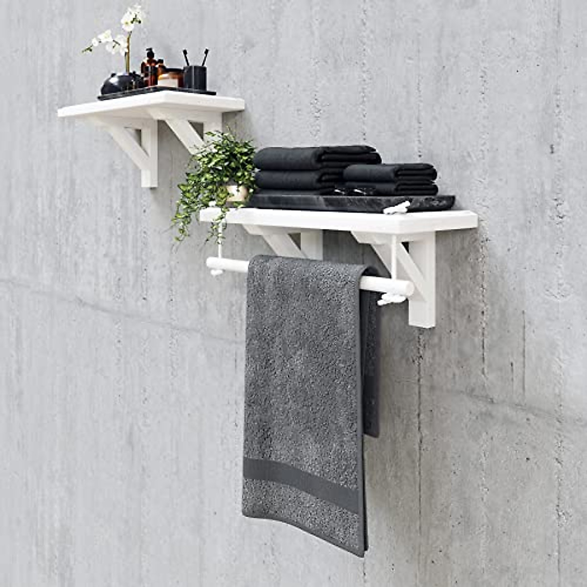 IRON WOOD White Floating Shelves Set of 2 with Towel Bar - Wall Mounted Floating Bathroom Shelves Over Toilet -for Kitchen Living Room - Bookshelf -