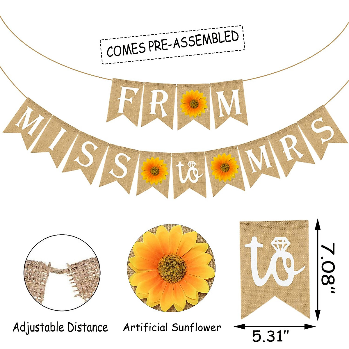 Doumeny From Miss to Mrs Burlap Banner Artificial Sunflower Bunting Garland Bridal Shower Party Banner Jute Wedding Bunting Banner for Bachelorette Engagement Announcement Anniversary Party Decoration