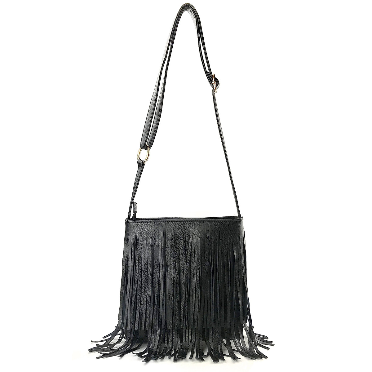 Glossy Fringe Cross Body Shoulder Bag Tassel Womens Purse(Black)