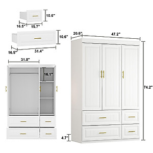 AIEGLE 3-Door Armoire Wardrobe Closet with Drawers, White Coat Closet with Doors, Modern Tall Wardrobe Cabinet Closet with Hanging Rod for Bedroom, Freestanding, White, 20.6" D x 47.2" W x 74.2" H