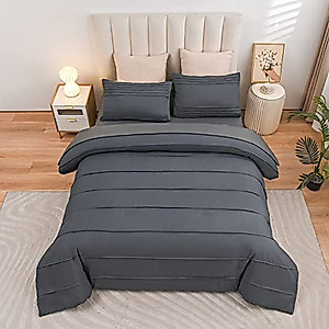 Holawakaka Grey Pleated Comforter Set with Sheets, Full/Queen Size Textured Striped Bedding Sets, Ruched Bed in A Bag 5pcs, Dark Grey