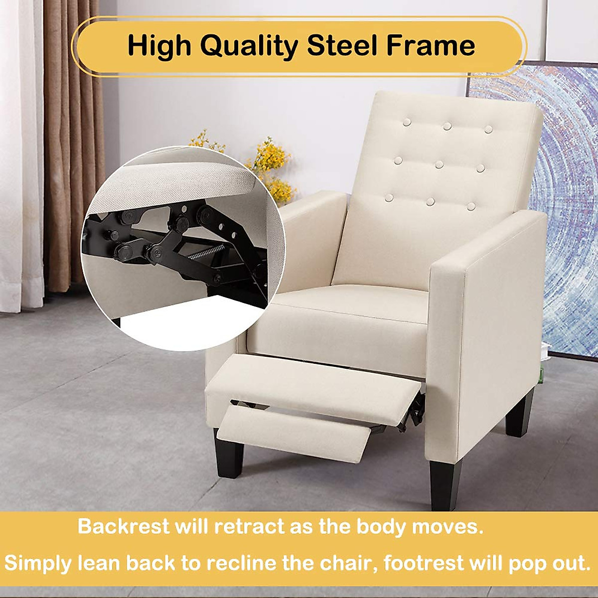 ECOTOUGE Massage Mid-Century Modern Fabric Recliner, 2 Set of Push Back Recliner Chair w/Side Pocket and Button Tufted Single Sofa Chair for Adults Livingroom Bedroom Home and Office, Beige