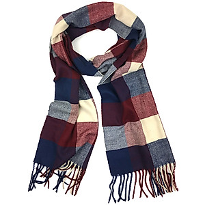 Plum Feathers Plaid Check and Solid Cashmere Feel Winter Scarf (Burgundy-Navy-Beige Check)
