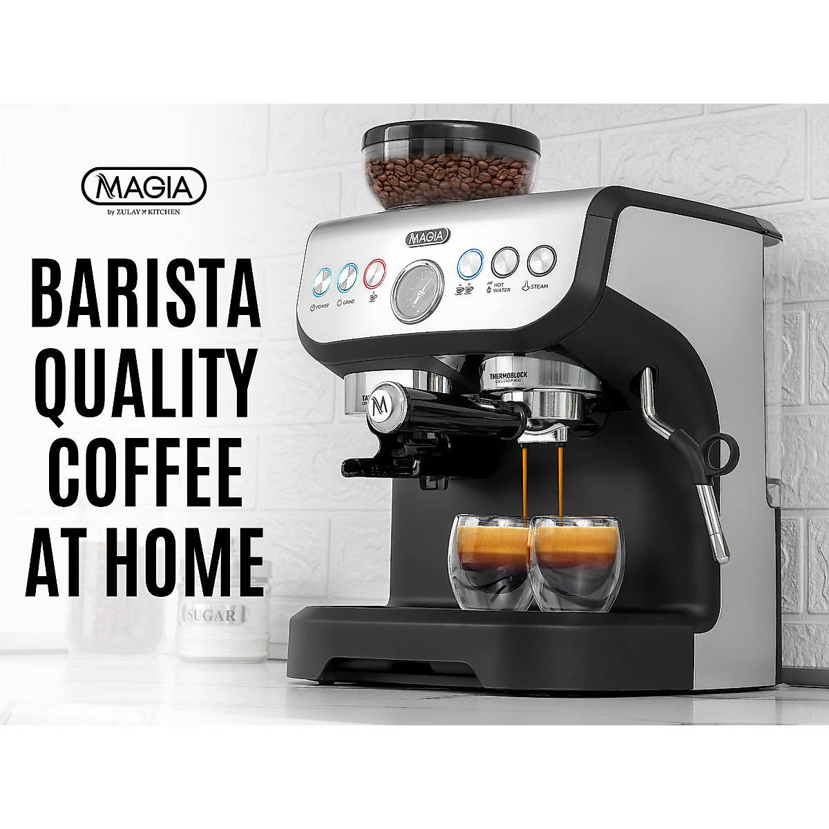 Zulay Kitchen Magia Manual Espresso Machine with Grinder and Extra Large 2L Removable Water Tank and Original Milk Frother with Stand