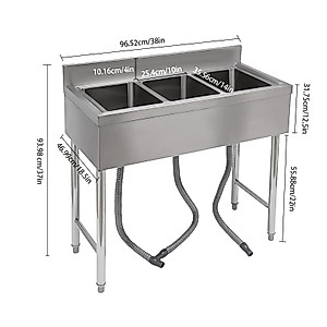 TBVECHI Free Standing Stainless Steel Kitchen Sink, Three Bowls Commercial Restaurant Utility Sink Set w/Hot and Cold Water Faucet, Prep & Utility Washing Hand Basin Sink w/Workbench Indoor Outdoor
