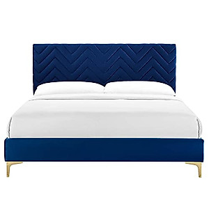 Modway MOD-7013-NAV Leah Chevron Tufted Performance Velvet King Platform Bed, Navy