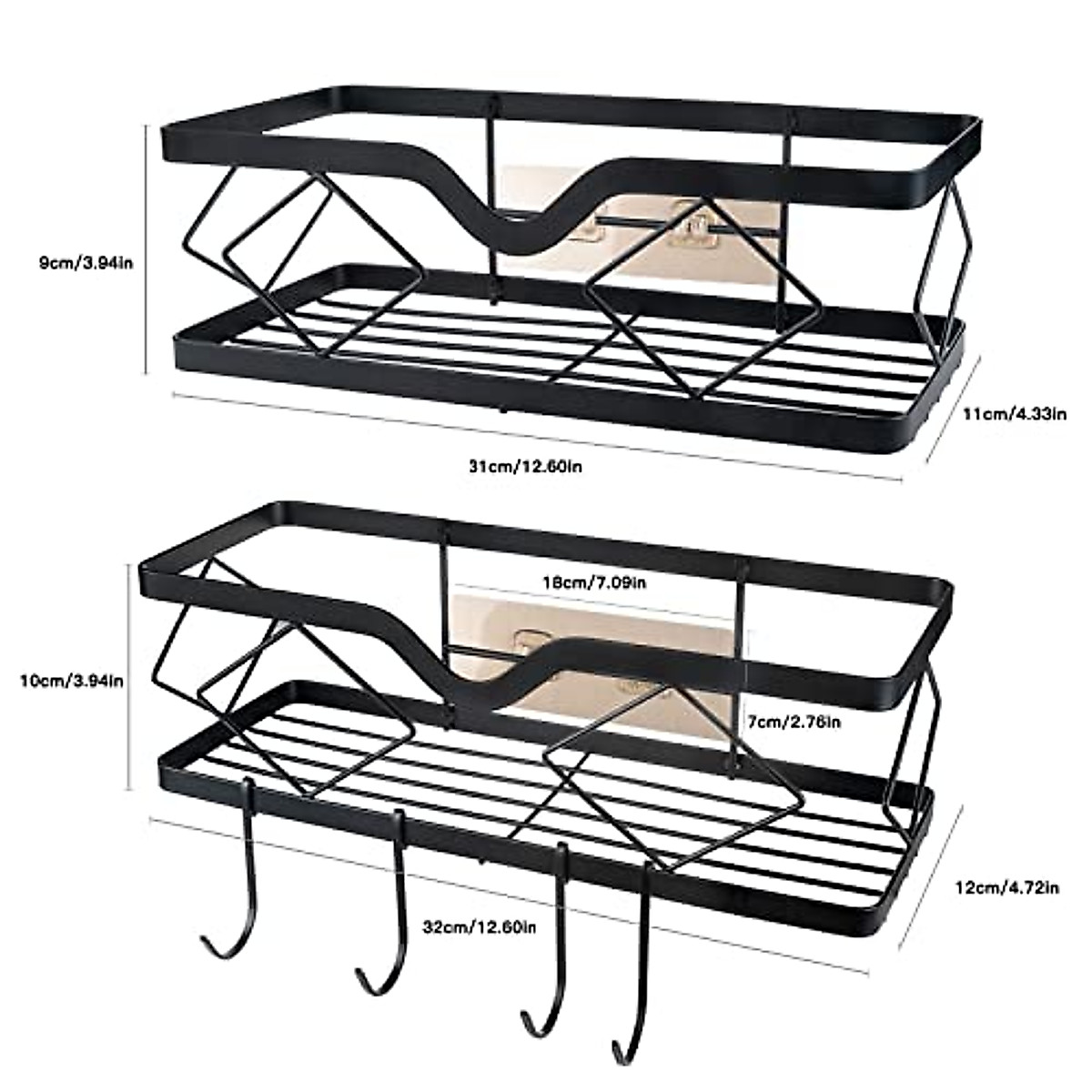 Kadolina 2 Pack Adhesive Shower Caddy Bathroom Shelf, Stainless Steel Shower Organizer Shower Shelves for Inside Shower No Drilling Rustproof Conditioner Shampoo Storage Holder(Black)