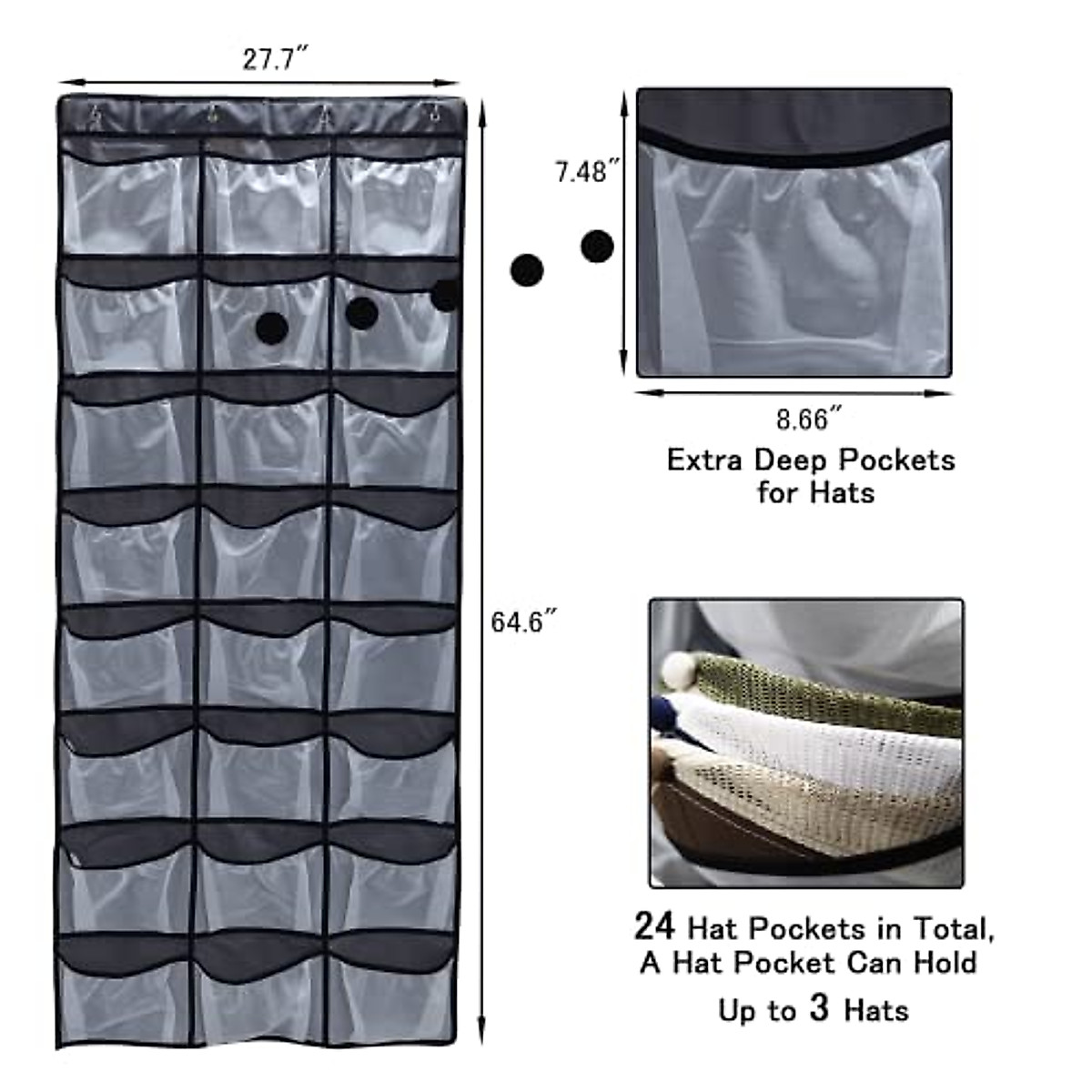 SJEhome Hat Rack Cap Organizer, 24 Deep Mesh Pockets Hat Storage & Ballcap Display Holder for Wall or Door, Over The Door Hat Racks, Hat Storage with Door Hooks,Gray