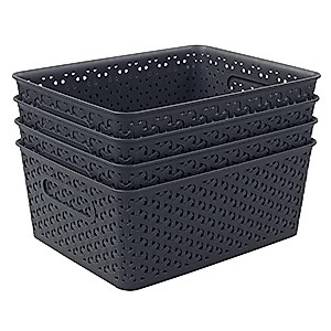 Readsky Plastic Woven Storage Basket with Handle, Gray, 4 Packs