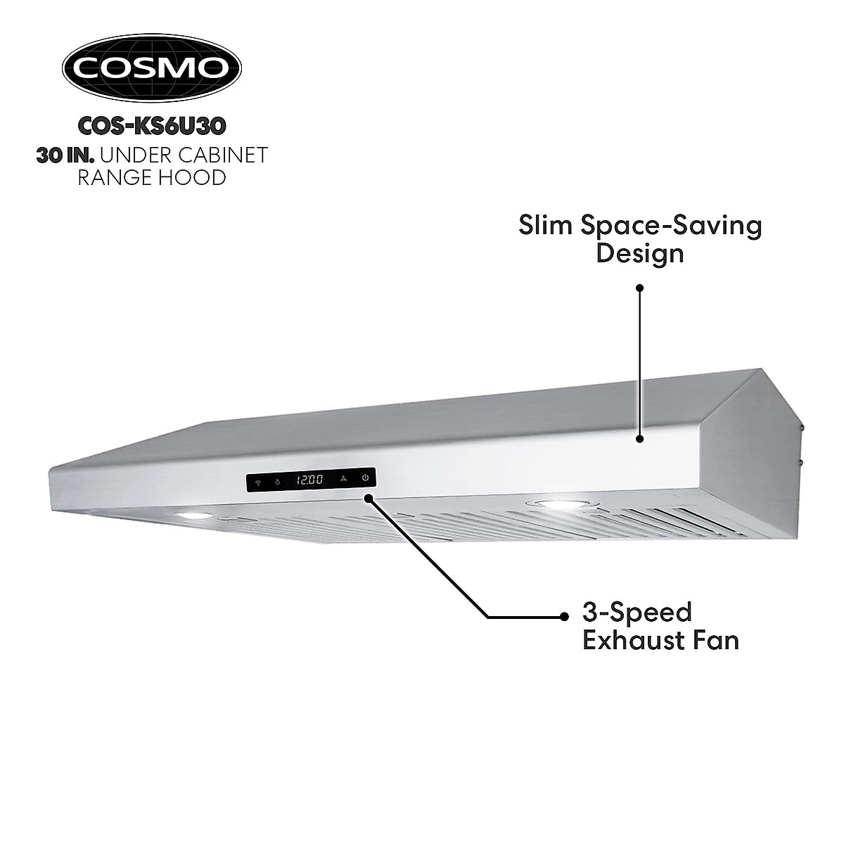 COSMO COS-KS6U30 30 in. Under Cabinet Range Hood with Digital Touch Controls, 3-Speed Fan, LED Lights and Permanent Filters, in Stainless Steel