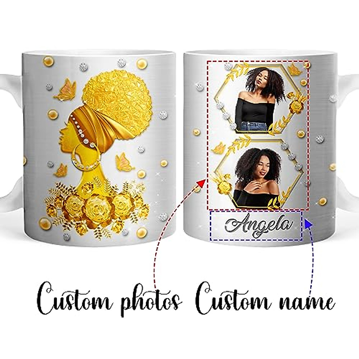 White Ceramic Coffee Mug Photo Mugs Personalized Picture Custom Name Birthday Gifts For Black Women Friends Girls Jewelry Style Novelty Tea Cup Table Desk Accessories 11 And 15 Oz