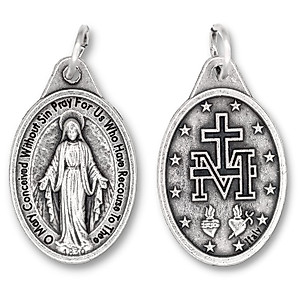 Caritas et Fides Bulk Pack of 10 - Miraculous Medal Pendant for Necklace -1" Oval Silver Oxidized Miraculous Medals Pendant for Necklace, Medals for Jewelry Catholic, Made in Italy