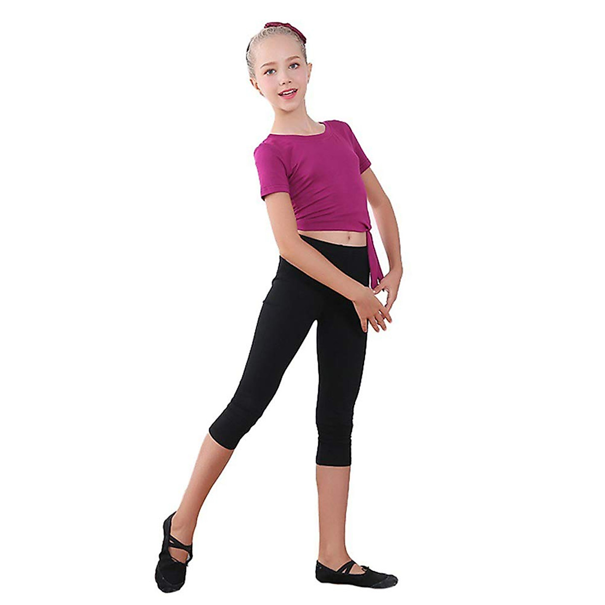 Girls Ballet Leotard Dance Outfits with Short Sleeves Top and Capri Leggings Kids Gymnastics Clothes Set Fuchsia