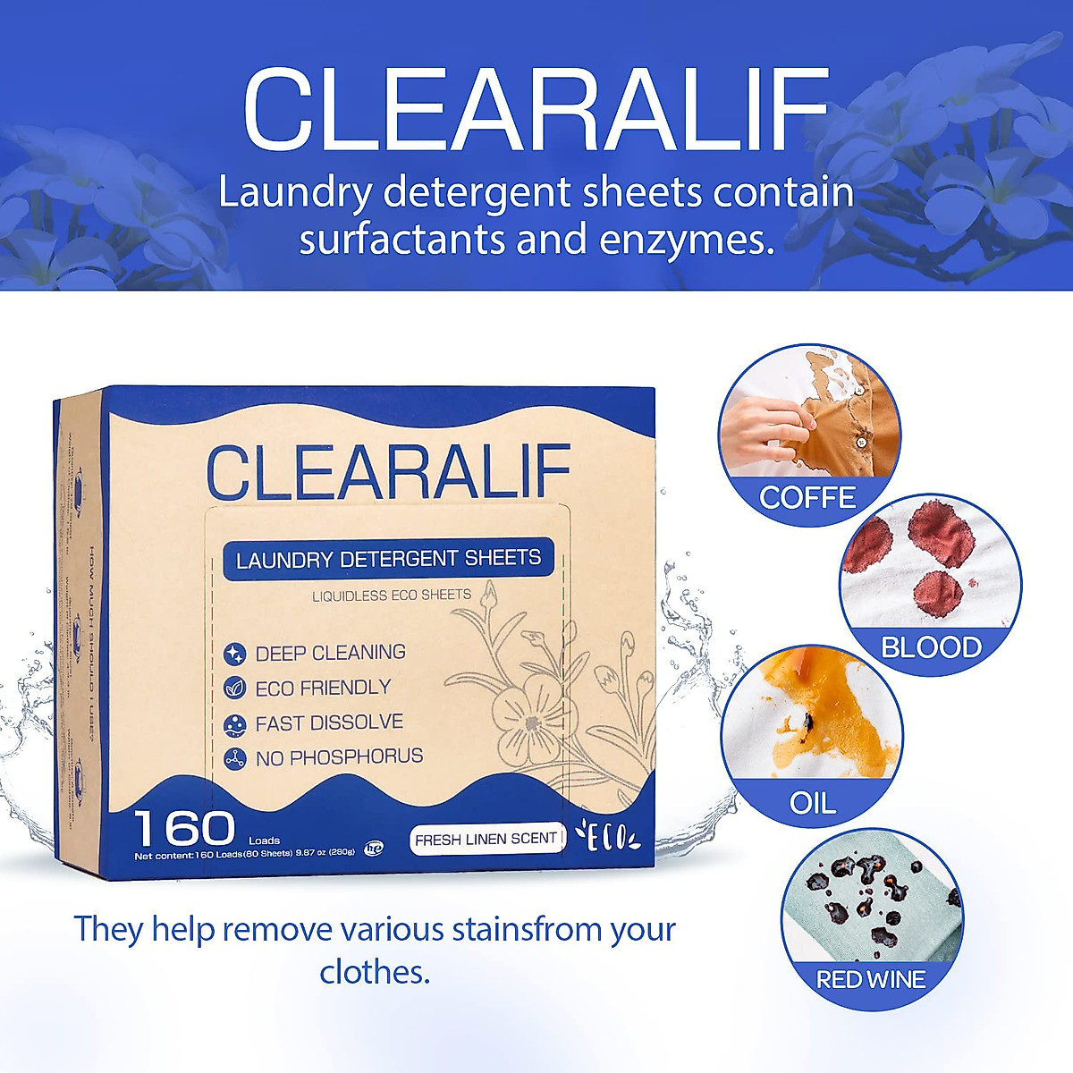 Laundry Detergent Sheets Up to 320 Loads, Fresh Linen - Great For Travel,Apartments, Dorms,CLEARALIF Laundry Detergent Strips Eco Friendly & Hypoallergenic (80 Sheets, Pack of 2)