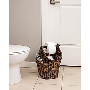 BirdRock Home Seagrass Magazine and Bathroom Basket - Hand Woven Toilet Paper Holder with Pocket - Grey Wash - Stylish Decorative Design - Wooden Basket Décor - Dispenser