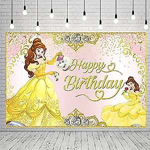 Princess Belle Backdrop for Party Supplies 5x3ft Beauty and Beast Birthday Banner Baby Shower Photo Background for Kids Party Decorations Yellow Princess Photography Backdrop