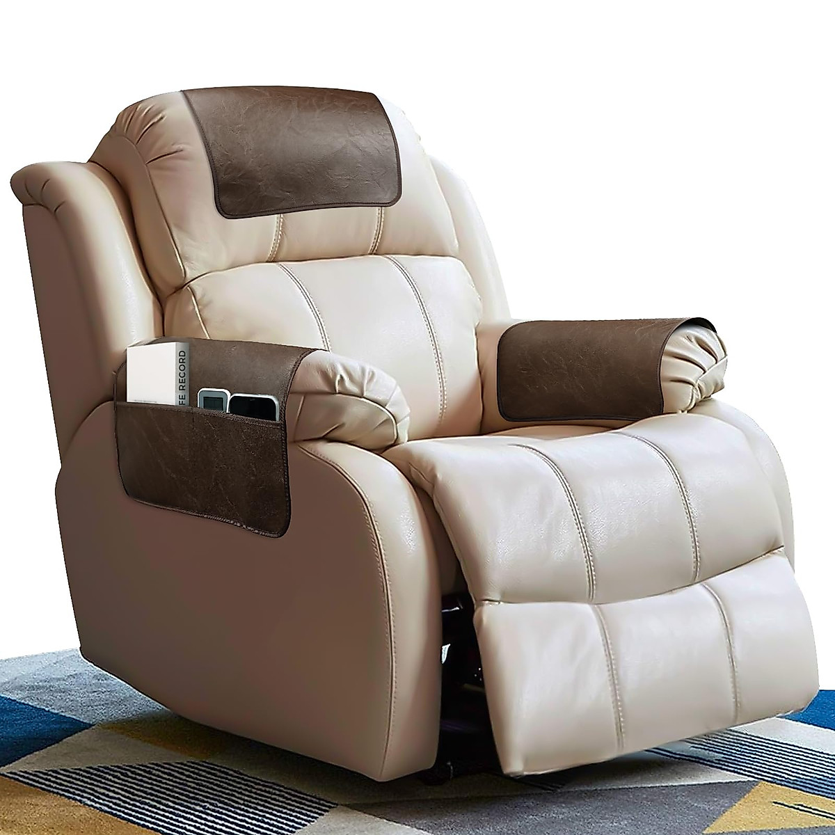 NZDWZDN 3 Pcs Headrest Cover for Recliner Chair Recliner Headrest Protector Faux Leather Headrest Cover with Elastic Straps Couch Headrest Cover with Pocket Chair Arm Covers 22.8 x 14.6 in(Chocolate)