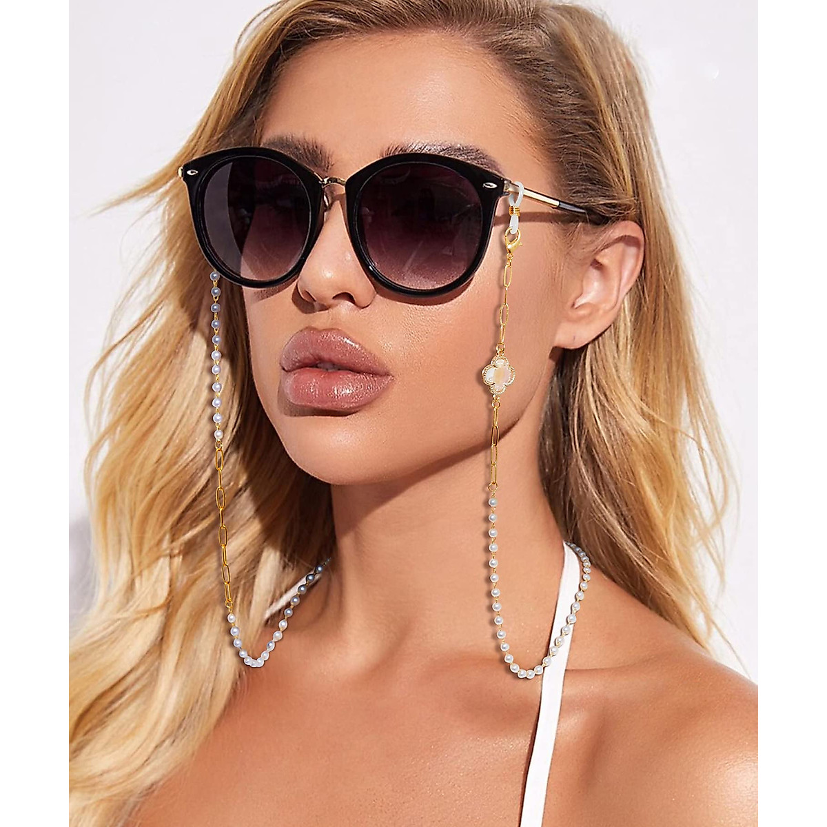 Buleens Glasses Chain for Women Freshwater Pearl Stainless Steel Eyeglass Chain Girls Beaded Stylish Acrylic Eye glass Chains Girl Sunglasses Chain Set around Neck (Pearl and Crystal)