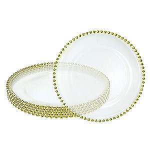 USA Party Flower Elegant Clear Acrylic(Plastic) Charger Plate with Bead Rim, Set of 12 (12.5 inch) (Gold)