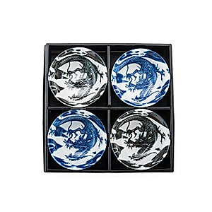 Authentic Japanese Porcelain Rice Bowl Set of 4 Oriental Dragon Blue and Black Gift Set Made In Japan (5"D x 2.75H)