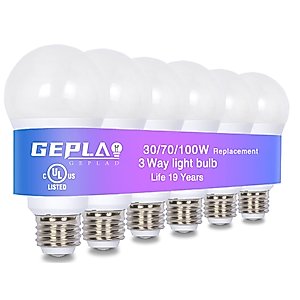 GEPLAD UL Listed 6-Pack 3 Way Light Bulbs 30 70 100W Soft White 3000K Equivalent,A19 Three Way Light Bulb with E26 Medium Base