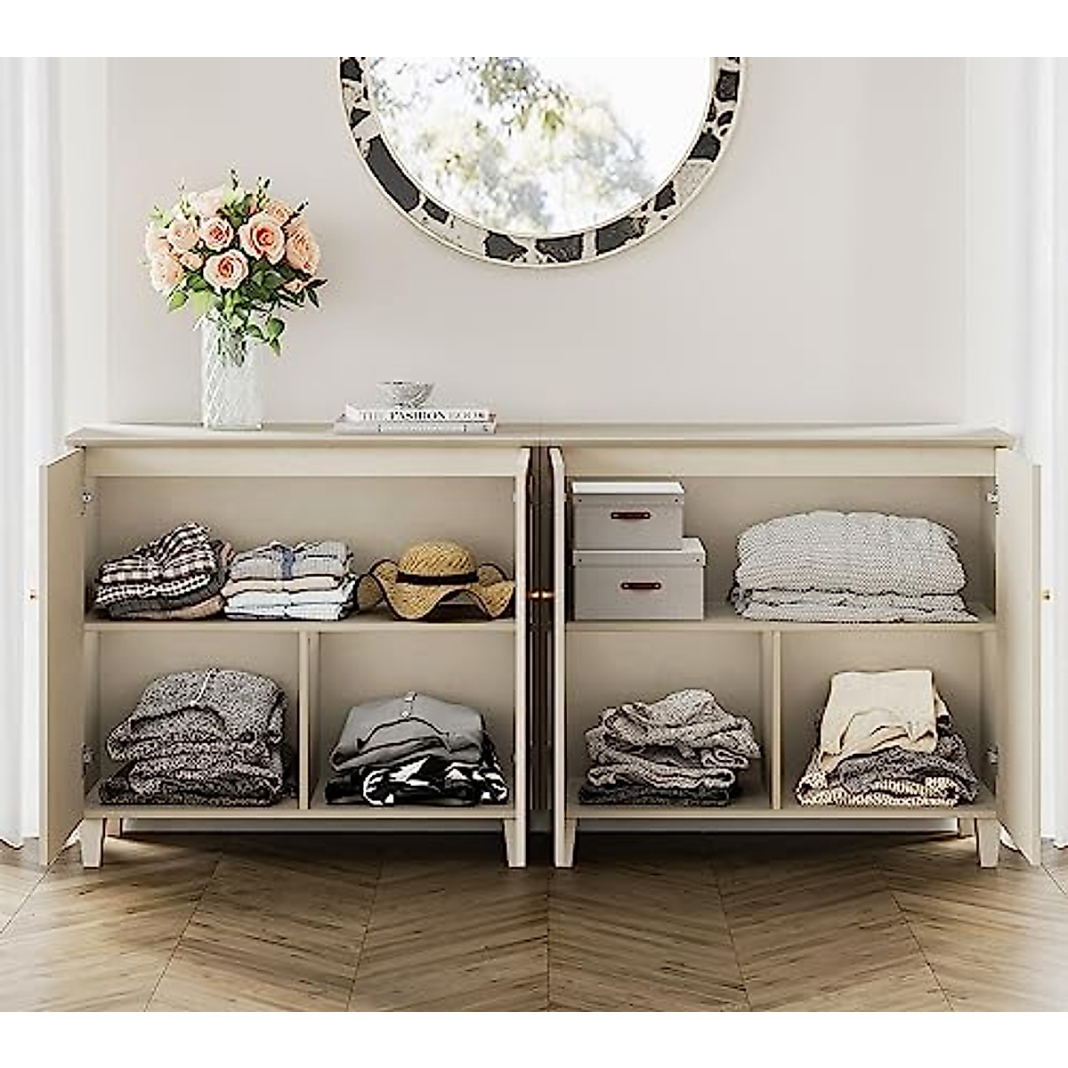 WAMPAT Wide Dresser Chest with Doors for Bedroom, 2-in-1 Modern Beige Wood Closet Storage Organizer with 6 Compartments for Kids Room, Nursery, 70.8x15.3x32.4