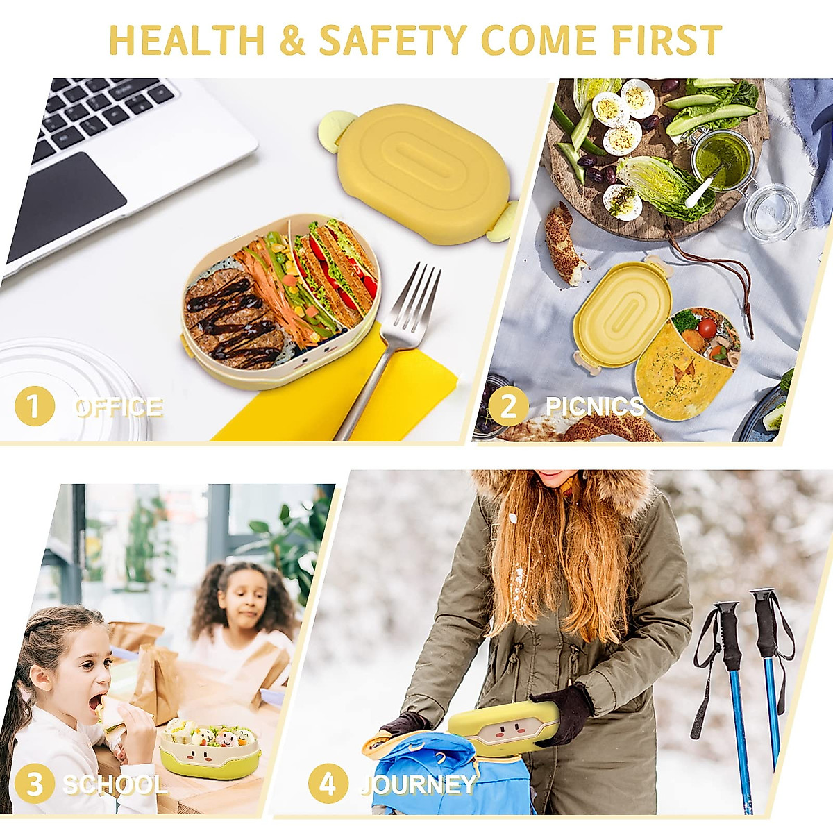 Bento Lunch Box For Kids, Leak Proof, 2 Grid Heat Insulation Design Portable Lunch Box Kids，BPA Free Bento Lunch Box, Microwave Safe Meal Prep Container (Yellow)