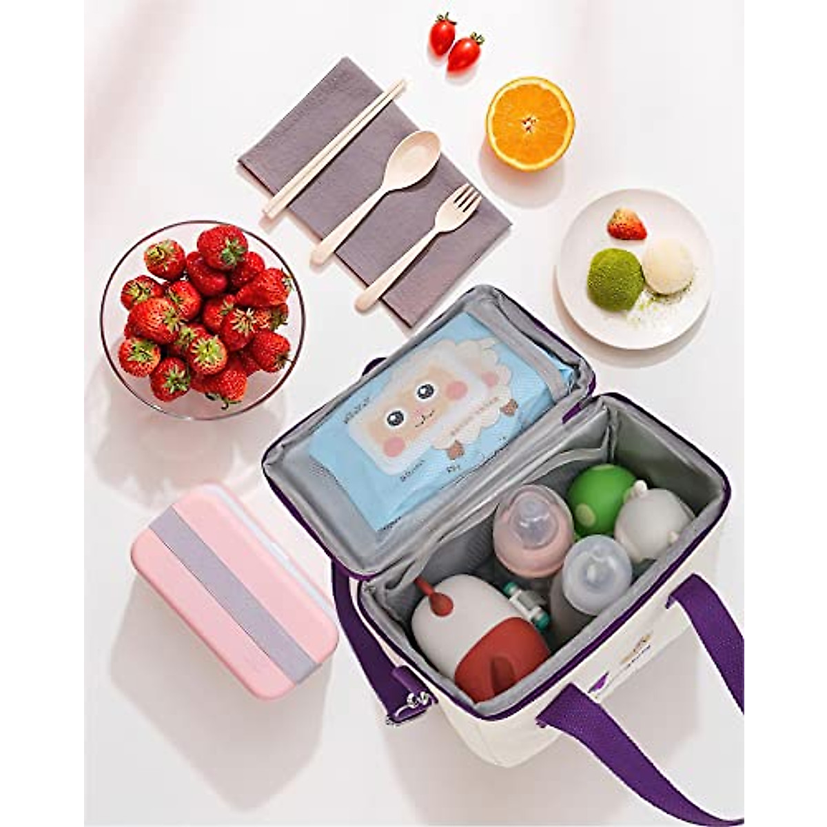 LaurelTree Aesthetic Kawaii Cute Lunch Bag Box with Straps Insulated Waterproof Durable for Women Girls Kids Office School (Pink)