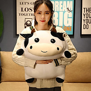 WUYU Cow Plush Pillow, Adorable Stuffed Animal Plush Toy, Soft Cow Hugging Pillow for Kids Boys Girls (Round Eyes,13.7in)