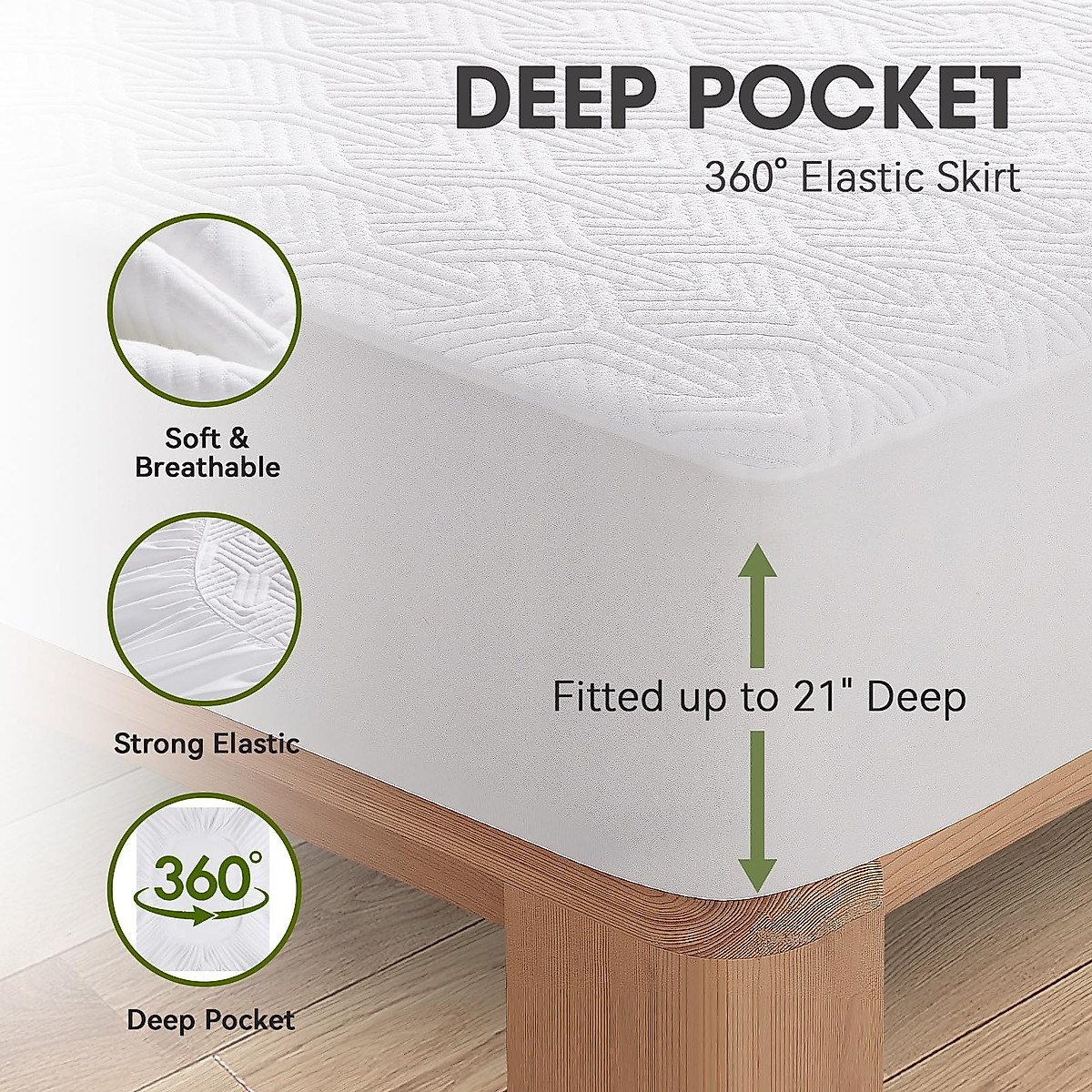 HYLEORY Queen Size Waterproof Mattress Protector Viscose Made from Bamboo Cooling Mattress Pad Cover Breathable Soft 3D Air Fabric Noiseless Washable Fitted Sheet with Deep Pocket Up to 21"