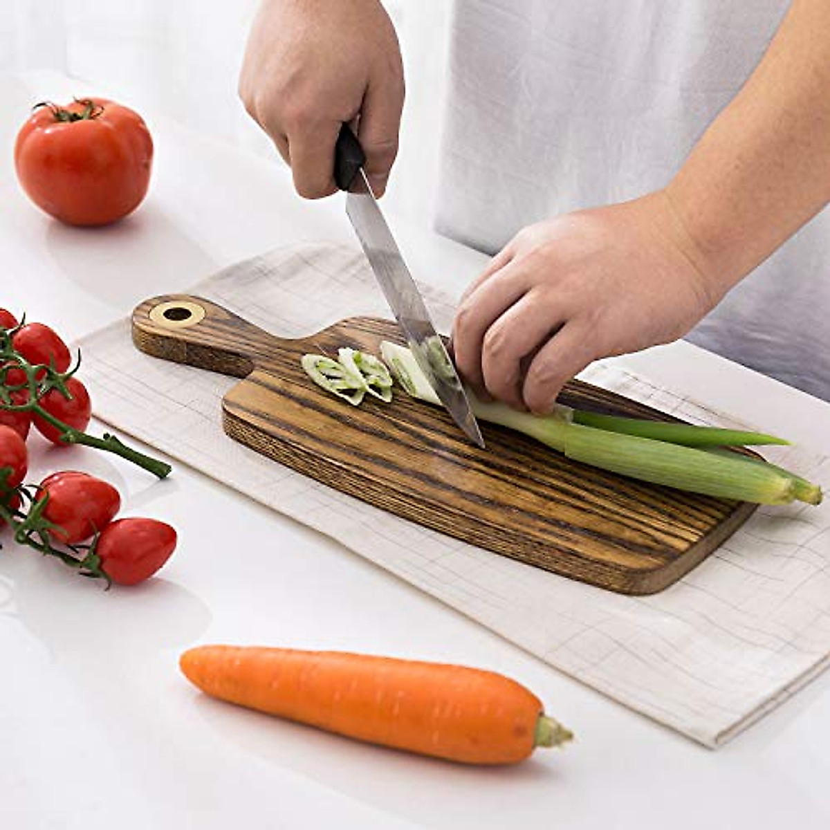 MyGift Rustic Brown Wood Cutting Board, Small Paddle Design Charcuterie Board with Vintage Brass Hanger Ring