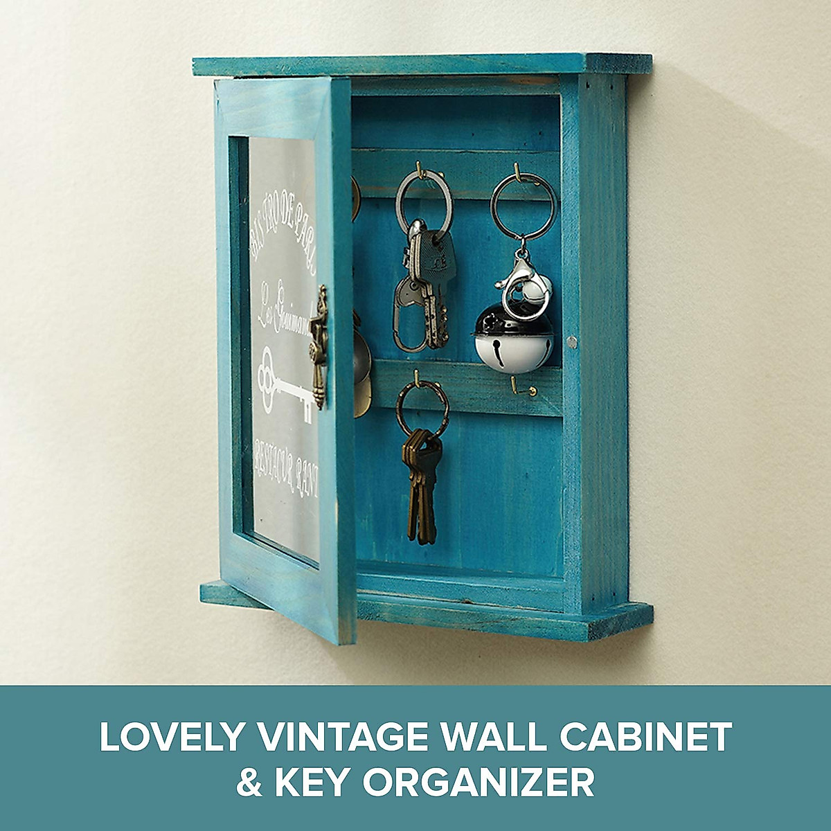 Glass Wooden Box Key Holder for Wall with 6 Hooks - 8.27" x 9.84" x 2.36" Entryway Storage Cabinet - Rustic Decor & Floating Shelf - Key Rings & Mail Organizer Wall Shelf - Vintage Wall Decor - Aqua