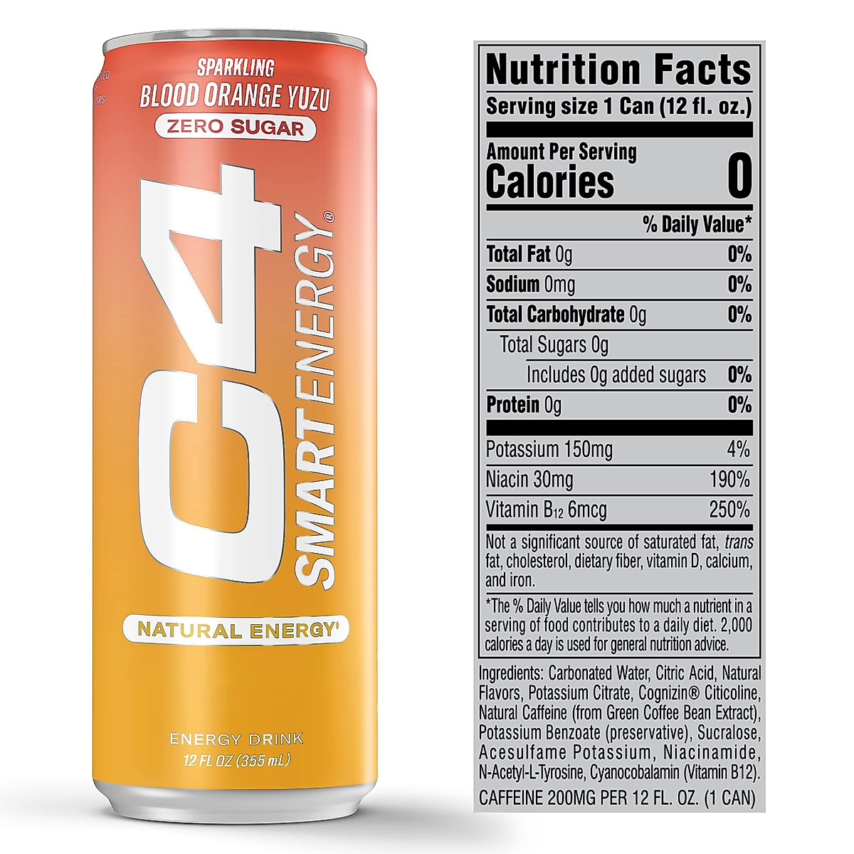 C4 Smart Energy Drink – Boost Focus and Energy with Zero Sugar, Natural Energy, and Nootropics - 200mg Caffeine - Blood Orange Yuzu (12oz Pack of 12)
