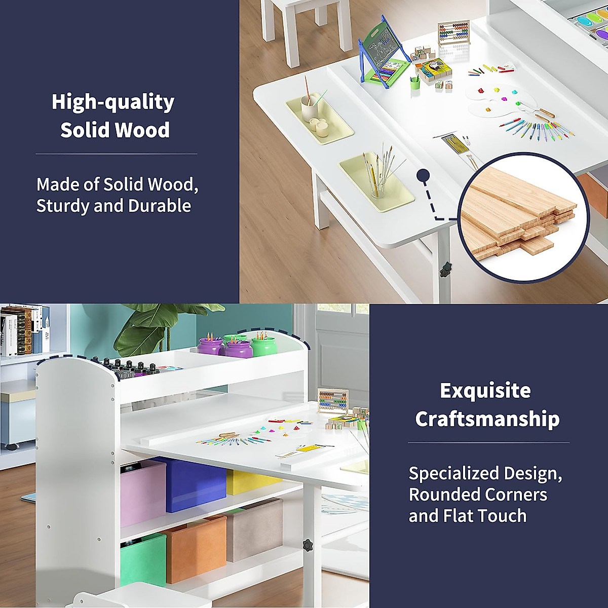 ijuicy Kids Art Table & Chair Set, Wooden Drawing Painting Craft Center, Wooden Activity Table & Chair Set with 6 Storage Boxes, Kids Craft Table for Boys, Girls (White)